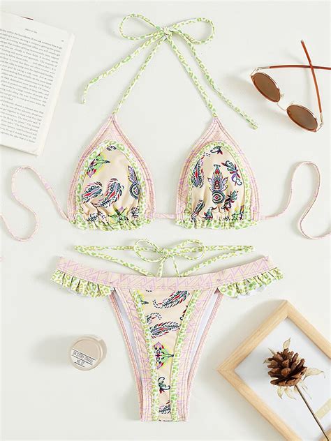 Bathing Suit Micro Folds Hight Cut Lace Halter Bikinis Set Amaio