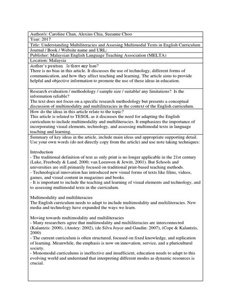 Article Review Understanding Multiliteracies And Assesing Multimodal