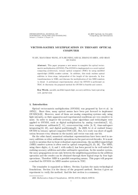 Pdf Vector Matrix Multiplication In Ternary Optical Computer