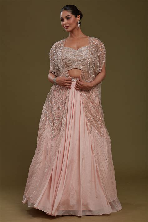 Buy Pink Sequins Embroidered Tissue Jacket Lehenga Online Samyakk