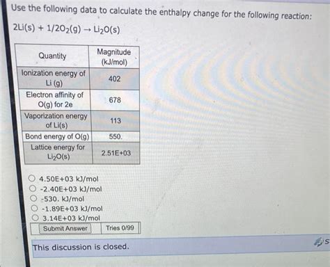 Solved Use The Following Data To Calculate The Enthalpy Chegg