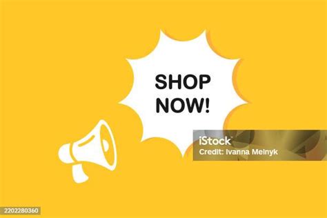 지금 쇼핑하기 메가폰이 있는 말풍선 지금 쇼핑하기비즈니스 마케팅 및 광고를 위한 웹 배너 벡터 일러스트 레이 션 고급에 대한 스톡 벡터 아트 및 기타 이미지 Istock