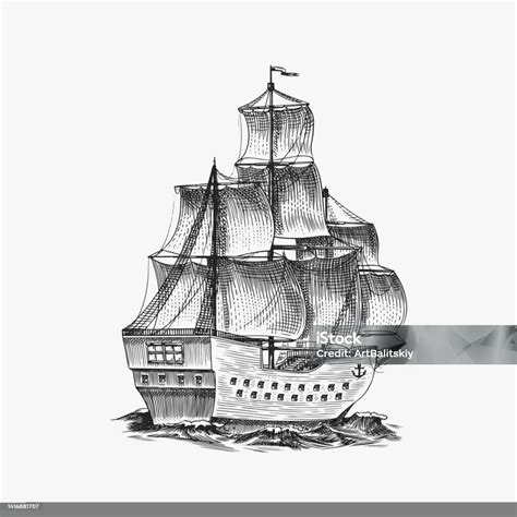 바다에서 범선 여름 모험 활동적인 휴가 해상 선박 해상 선박 또는 해상 캐러벨 선원과 선장을위한 바다에서의 물 수송 빈티지 스타일로 그려진 손으로 새겨 져 있습니다