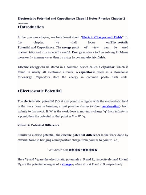 Electrostatic Potential And Capacitance Class 12 Notes Physics Chapter 2 Pdf Capacitance