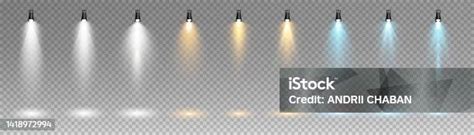 벡터 스포트라이트 세트입니다 다양한 형태의 빛 노란색 흰색 파란색으로 채색되었습니다 무대 스포트라이트 조명 효과 광선 조명 효과 벡터 일러스트레이션 0명에 대한 스톡 벡터