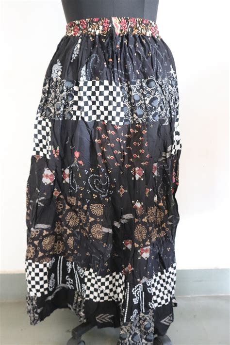 Black Cotton Patchwork Skirt Boho Peasant Maxi Skirt Tiered Boho Chic