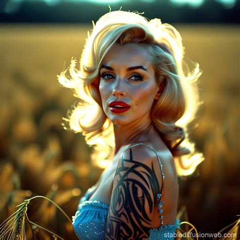 Marilyn Monroe In Wheat Field Unique Tattoos And Long Neck Stable