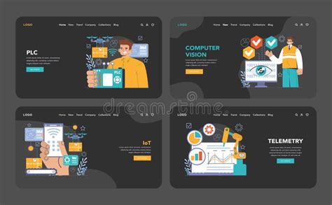 Robotic Manufacture Web Or Landing Set Automated Systems Or Ai Working Stock Illustration