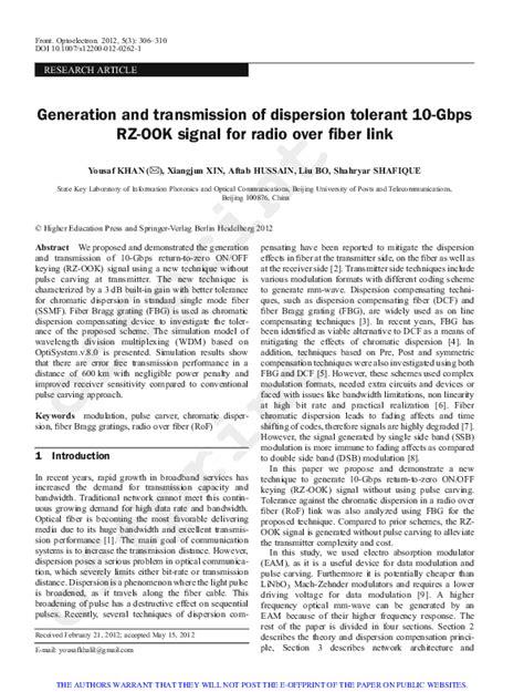 Pdf Generation And Transmission Of Dispersion Tolerant 10 Gbps Rz Ook Signal For Radio Over