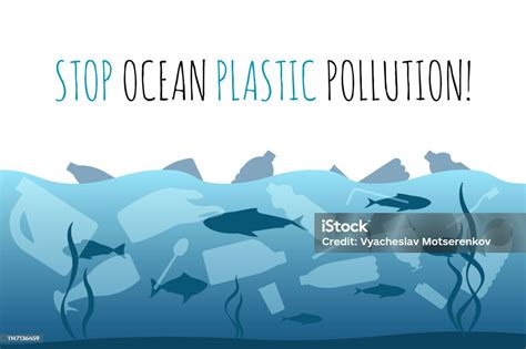 해양 플라스틱 오염을 중지 합니다 플라스틱 쓰레기 봉투 바다 그래픽 디자인의 병 물 쓰레기 문제 창조적 인 개념입니다 제한적