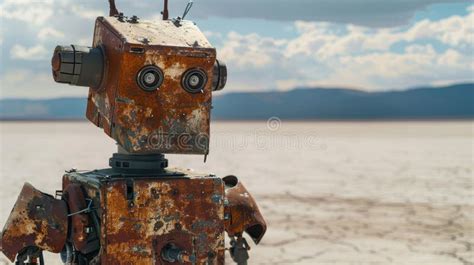 Lonely Rusty Robot Made From Old Parts Standing On The Vast And Boundless Plain Stock