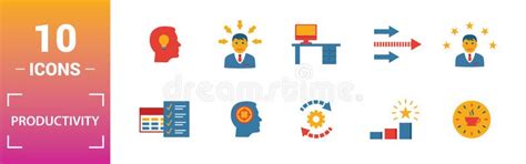 Productivity Icon Set Include Creative Elements Skill Time Management Coffee Break Work Plan