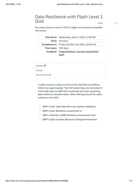 Data Resilience With Flash Level 1 Quiz - Attempt Review | PDF | Disaster Recovery | Backup