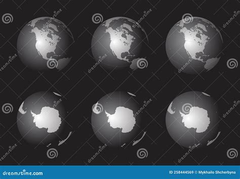 Set Of Earth Globes From Variant Views On Black Background Stock Vector