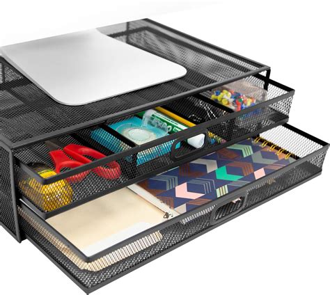 Amazon Com Wellerly Monitor Stand Riser With Drawer Metal Mesh Desk Organizer Dual Pull Out