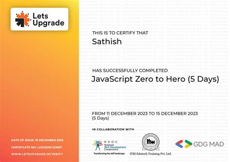 earned javascript zero to hero certificate from let supgrade
