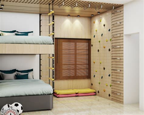Wall Climbing Wall Design With Wooden Panelling And Colourful Handholds