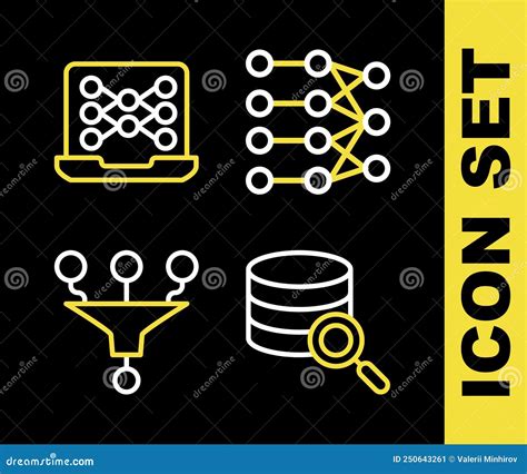 set line neural network server funnel filter and icon vector stock