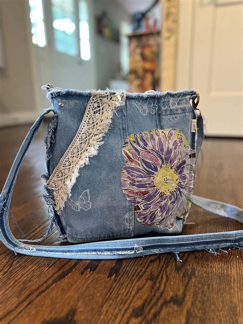 Purse In Boho Style Light Blue Denim Bag Recycled Jean Lace And Fabric