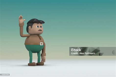 갈색 긴팔 셔츠 녹색 바지를 입은 콧수염을 가진 남자 그는 말할 때 몸과 손의 표현입니다 연기에서 만화 캐릭터의 3d 일러스트