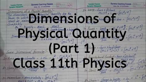 Dimensions Of Physical Quantities Chapter 1 Units And Measurement Class 11 Physics Youtube