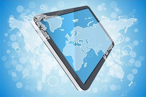 Background Latar Belakang Biru Dengan Peta Dunia Dan Komputer Tablet