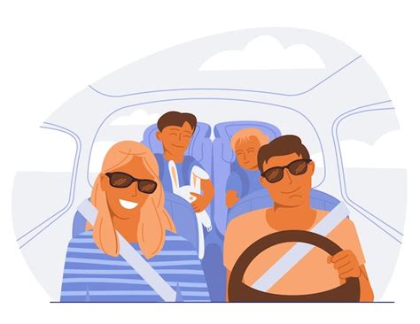 Família feliz mãe pai filho e filha sentado dentro do carro dirigindo através de uma