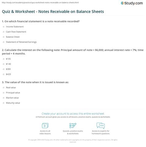 Quiz Worksheet Notes Receivable On Balance Sheets Study Com