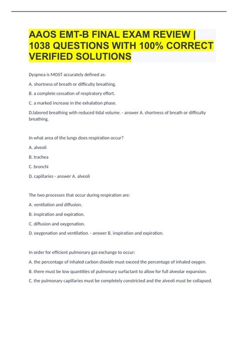 AAOS EMT B FINAL EXAM REVIEW 1038 QUESTIONS WITH 100 CORRECT VERIFIED SOLUTIONS EMT Stuvia US