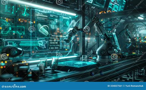 Futuristic Smart Factory Showcasing Robotic Arms And Holographic