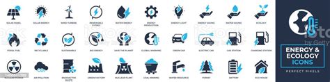 에너지 및 생태 아이콘을 설정합니다 태양 에너지 터빈 공장 원자력 재활용 배터리 및 더 단단한 아이콘 컬렉션을 포함합니다 벡터 그림입니다 웹 사이트 디자인 로고 앱 템플릿