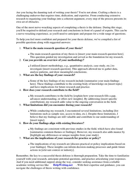 Possible Questions In Thesis Defense With Answers Pdf Thesis