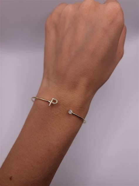 14kt Gold Initial Diamond Bangle Letter Bracelet Initial Etsy