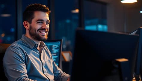 Portrait Man And Smile Of Programmer On Computer In Office Workplace At