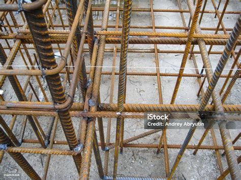 Closeup Of Rebar Framework For Concrete Monolithic Foundation Slab During Construction Stock