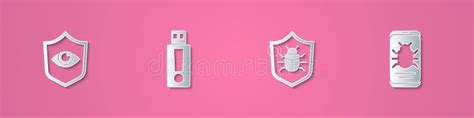 Set Paper Cut Shield And Eye Usb Flash Drive System Bug And On Mobile Icon Paper Art Style