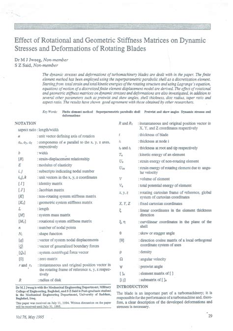 Pdf Effects Of Rotational And Geometric Stiffness Matrices On Dynamic Stresses And Deormations
