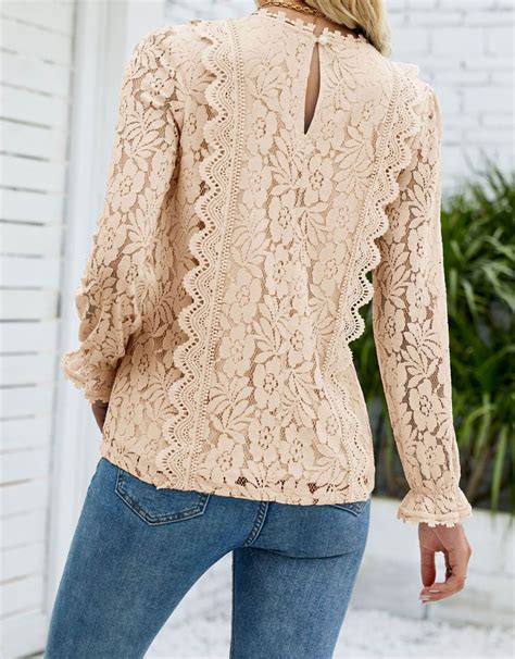 Cogild Womens V Neck Lace Crochet Blouse Casual Long Sleeve Hollow