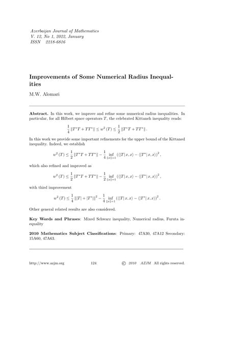 Pdf Improvements Of Some Numerical Radius Inequalities