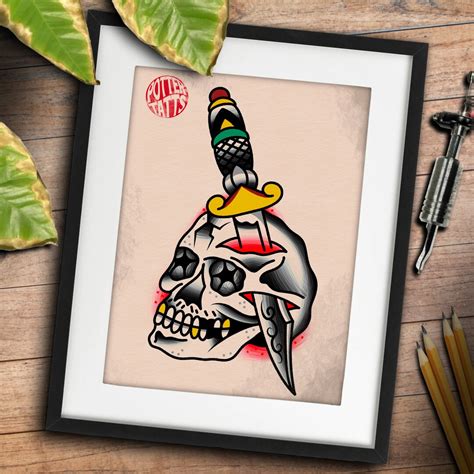 Traditional Skull Dagger Traditional Tattoo Flash Art Print Etsy