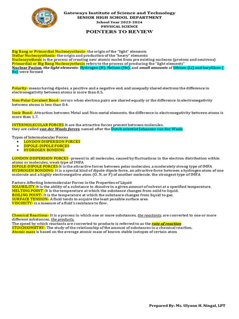 Pointers To Review G11 Physical Science Pdf Intermolecular Force