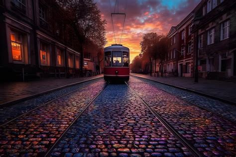 Premium Ai Image Retro Tram In European City Neural Network Ai Generated