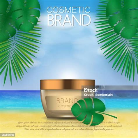 이국적인 야자수와 해변 배경에 여름 선크림 화장품 디자인 서식 파일 나뭇잎 3d 현실 태양 보호와 제품 광고입니다 광고에 대한 스톡 벡터 아트 및 기타 이미지 Istock