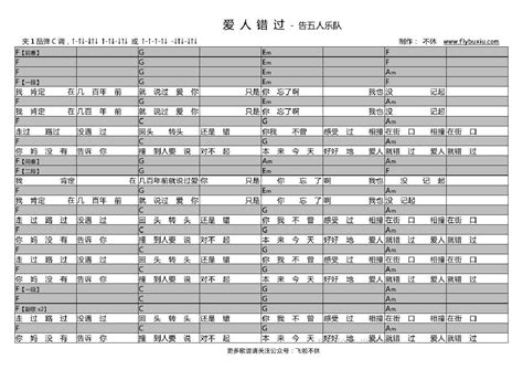 爱人错过吉他谱告五人c调和弦弹唱谱免费爱人错过吉他谱 吉他谱123