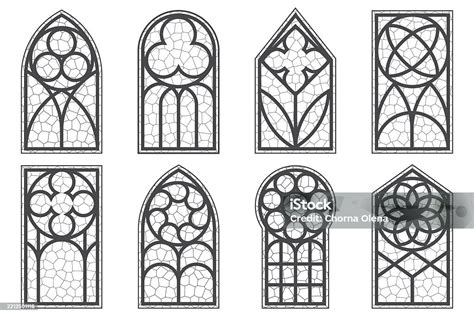 아치형 프레임과 스테인드 글라스가있는 고딕 양식의 교회 창문 중세 빈티지 패턴입니다 대성당 건축 장식 기하학적 장식품 윤곽선이 있는 기독교 예배당 내부 골동품 판화 0명에