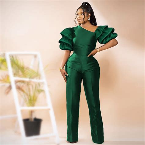 New Sexy Slanted Shoulders Pile Sleeves High Waist Slim Fit Jumpsuit