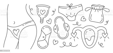 생리 테마 마침표 다양한 여성 위생 용품 폐기물이 없습니다 팬티 패드 컵 생리 보호 여성 위생 손으로 그린 벡터 그림 흰색으로