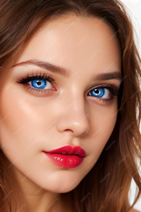 Premium Photo A Woman With Blue Eyes And Red Lipstick Posing For A