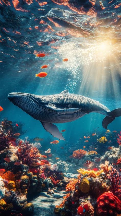 Vibrant Underwater Scene Featuring A Majestic Whale Swimming Among