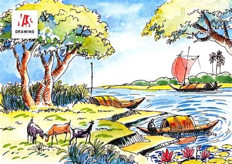How To Draw Beautiful River Scenery সুন্দর নদীর দৃশ্য অংকন Nature